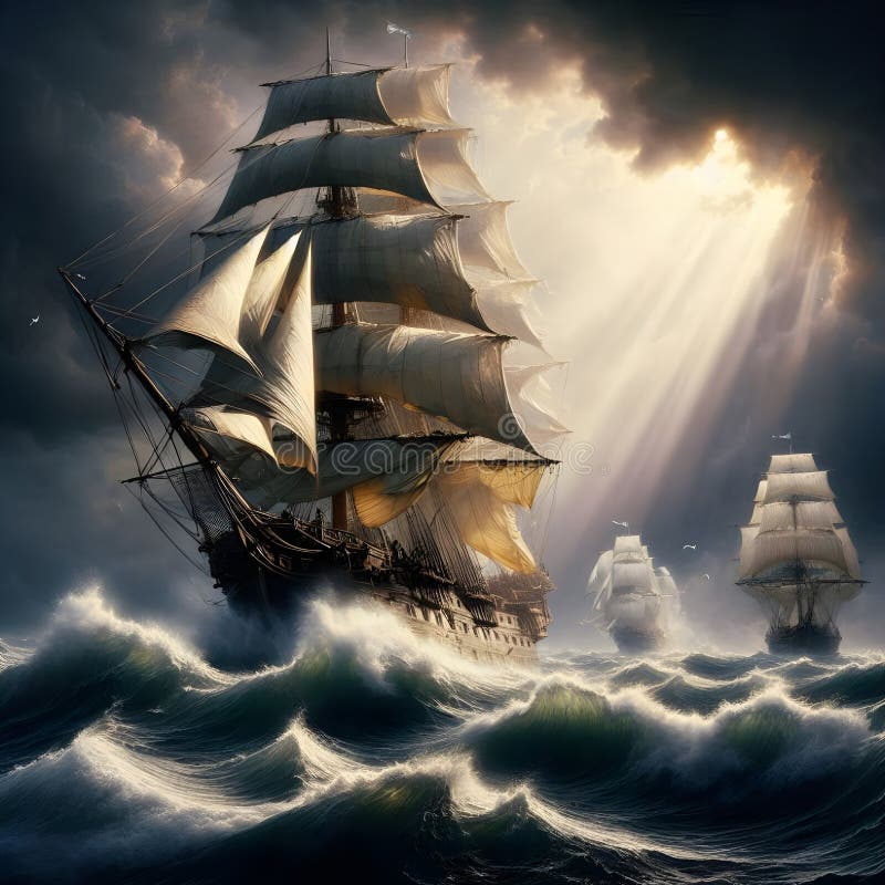 An Epic Martime Ship Battles the Towering Stormy Sky Pierced by ...