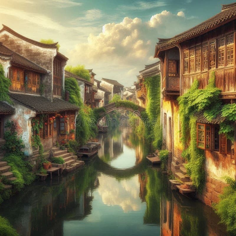 Idyllic Old Rustic Village Landscape on Green Vegetation Walls with a ...