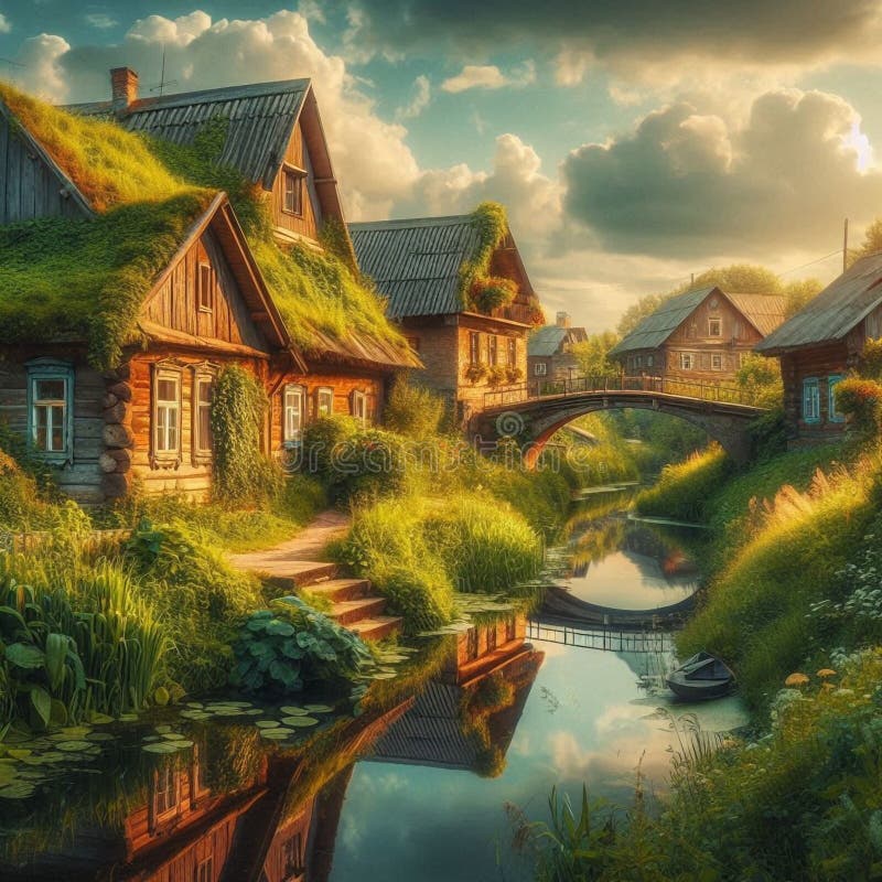 Idyllic Old Rustic Village Landscape on Green Vegetation Walls with a ...