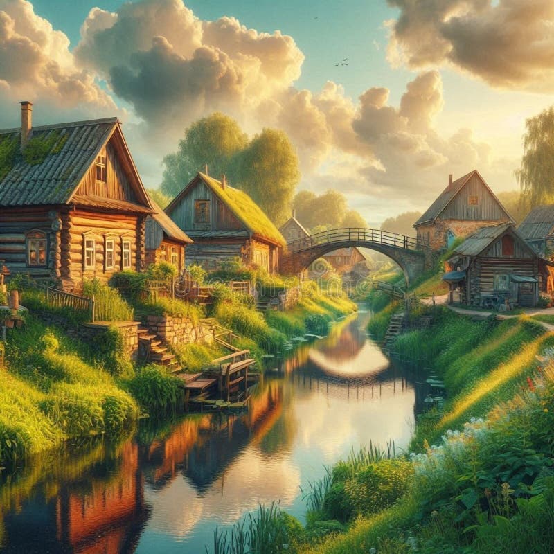 Idyllic Old Rustic Village Landscape on Green Vegetation Walls with a ...