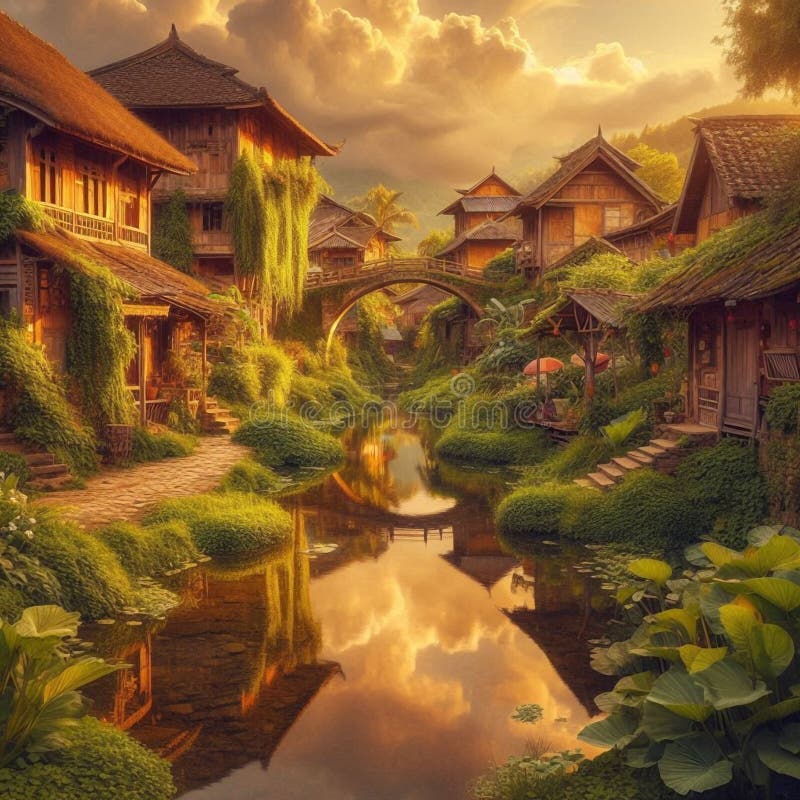 Idyllic Old Rustic Village Landscape on Green Vegetation Walls with a ...