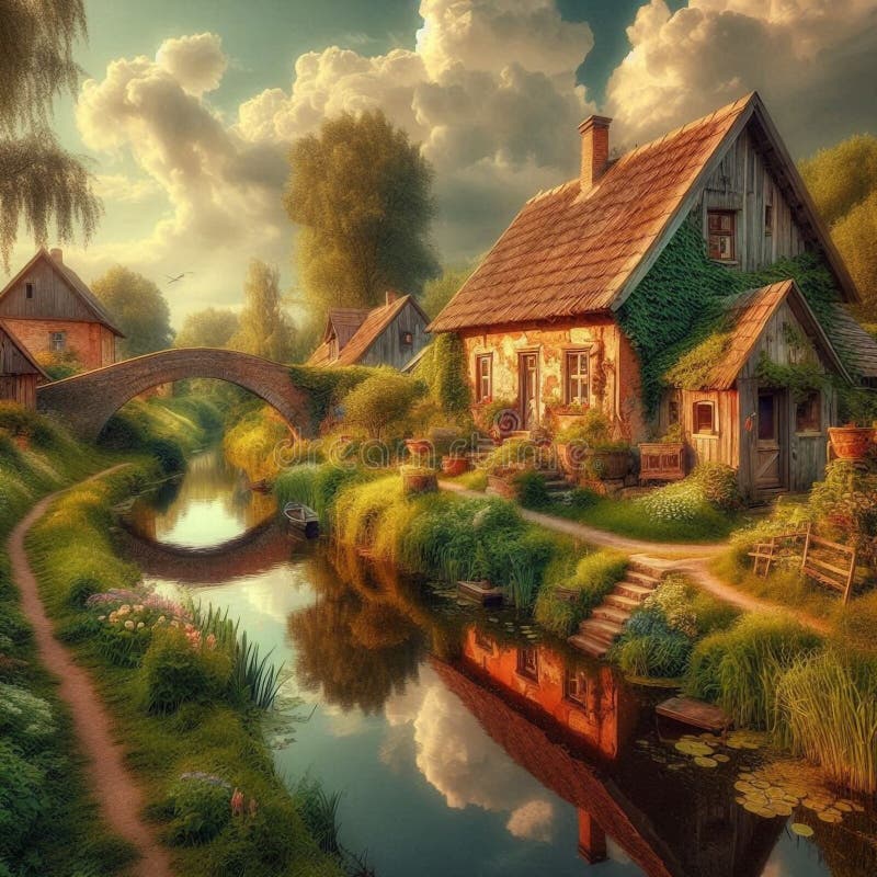 Idyllic Old Rustic Village Landscape on Green Vegetation Walls with a ...