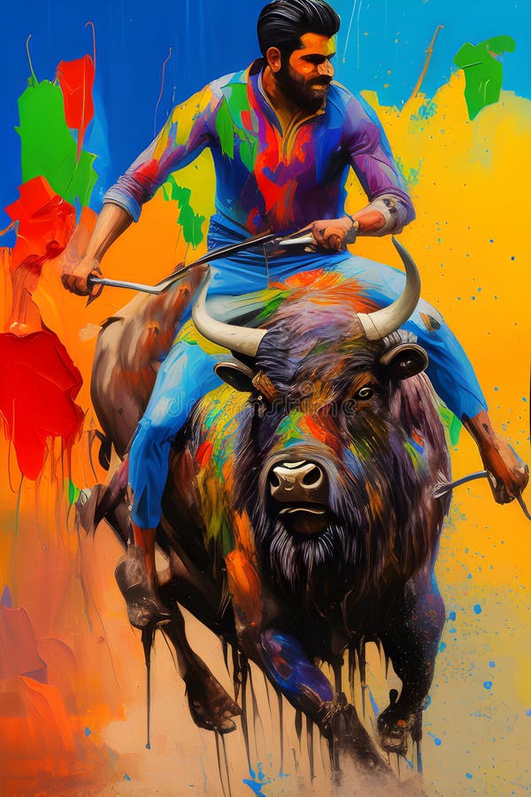 Image of the Man Riding Buffalo Racing and Splashing through a Muddy ...