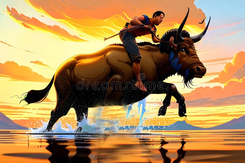 Image of the Man Riding Buffalo Racing and Splashing through a Muddy ...