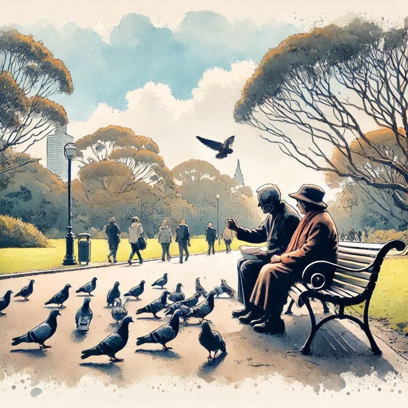 An Old Man and Woman are Sitting on a Park Bench Feeding the Pigeons ...