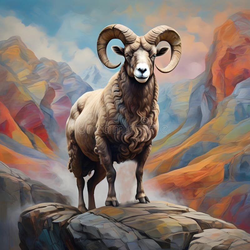 Painterly Image of a Ram Stands on Top of a Rock. Stock Illustration ...