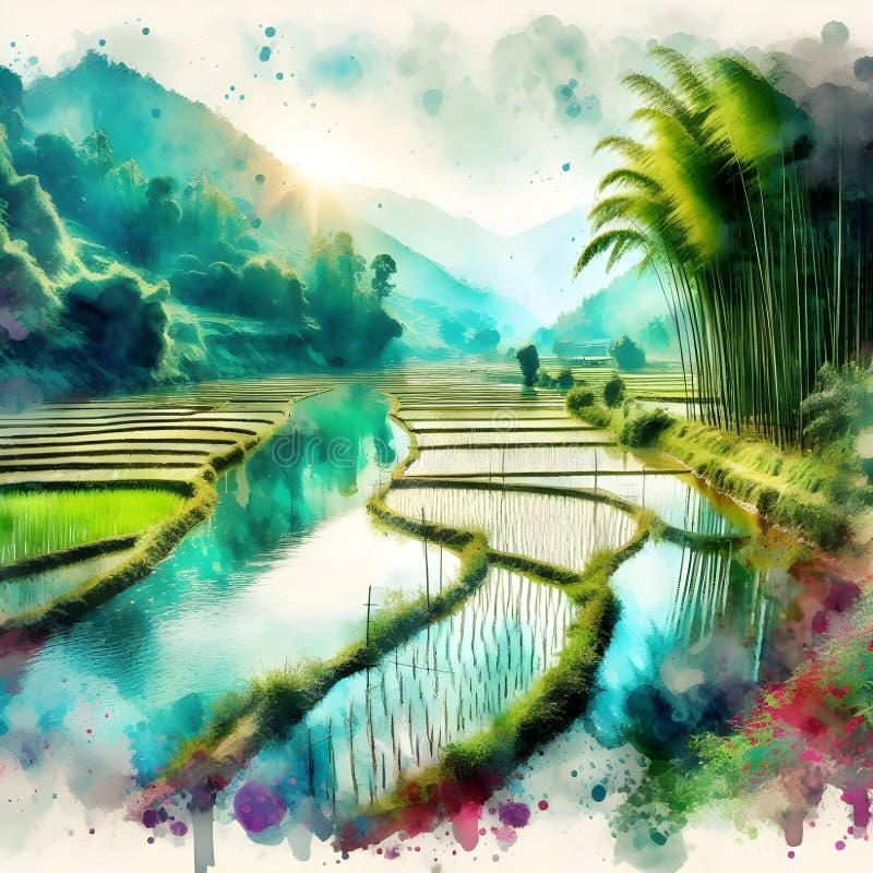 The Rice Fields on the Banks of a Clear River and Bamboo Groves on the ...