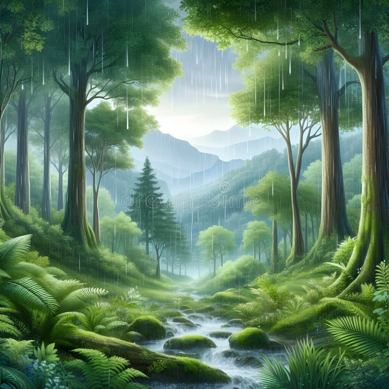 Painterly Image of Serene Scene of a Beautiful Rain Falling on a Lush ...