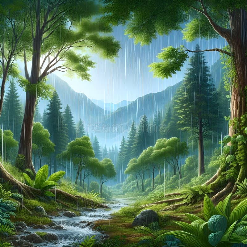 Painterly Image of Serene Scene of a Beautiful Rain Falling on a Lush ...