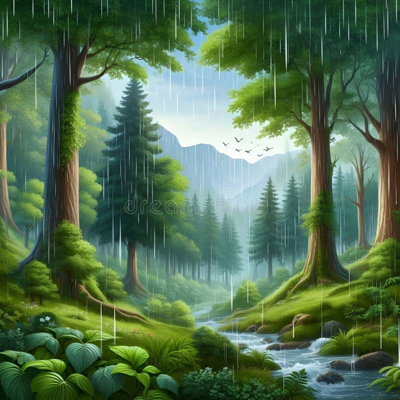 Painterly Image of Serene Scene of a Beautiful Rain Falling on a Lush ...