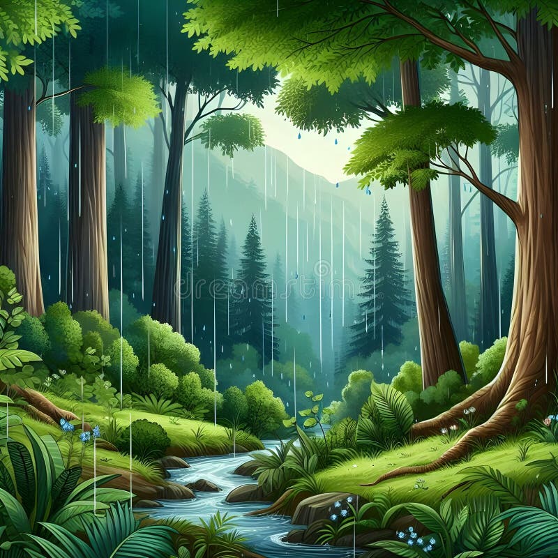 Painterly Image of Serene Scene of a Beautiful Rain Falling on a Lush ...