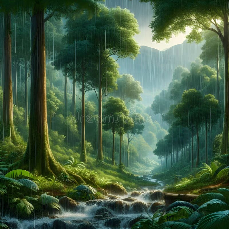 Painterly Image of Serene Scene of a Beautiful Rain Falling on a Lush ...
