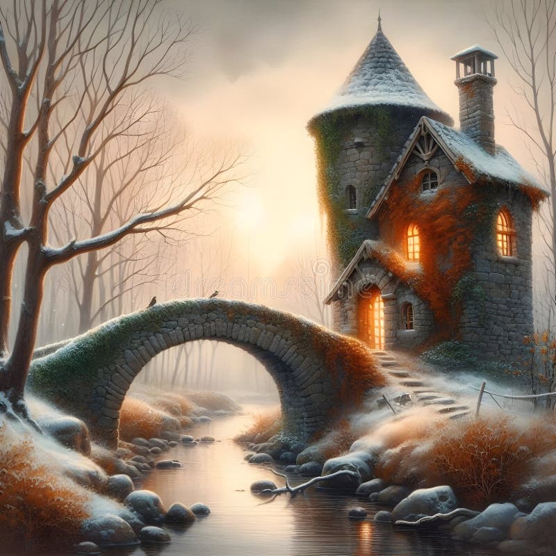 A Small Stone Bridge with an Arch Over a Gentle Steam,leading To an Old ...