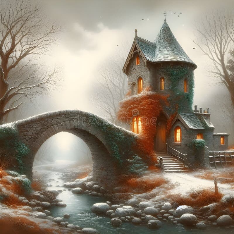 A Small Stone Bridge with an Arch Over a Gentle Steam,leading To an Old ...