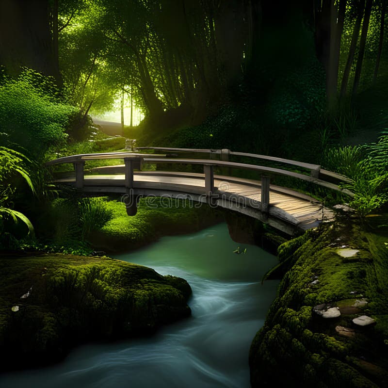 A Tranquil Forest with a Small Wooden Bridge for Crossing the Winding ...