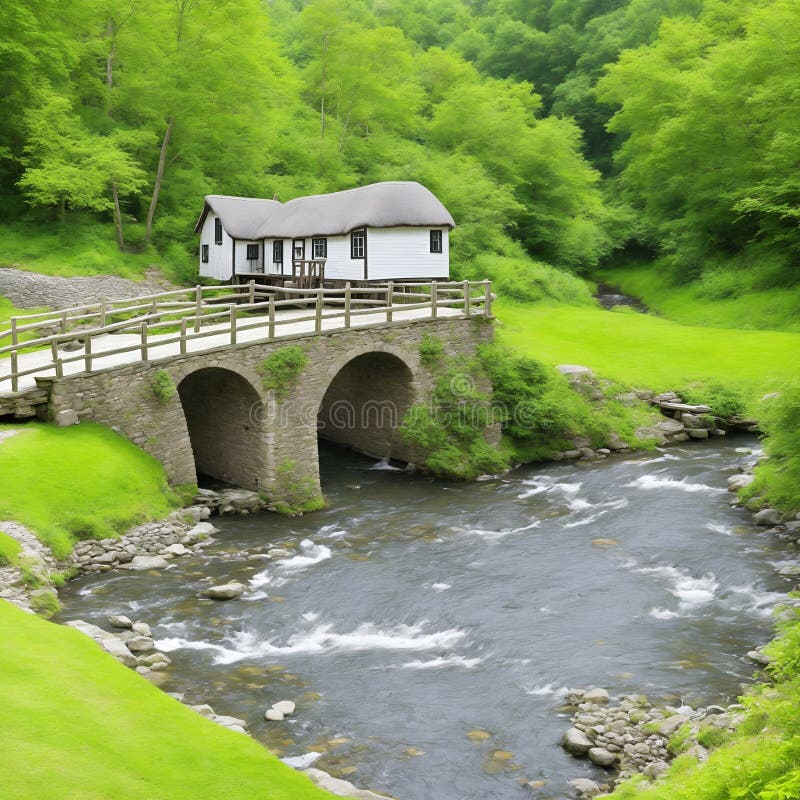 A Tranquil Forest with a Winding River Crossing the Bridge Along the ...