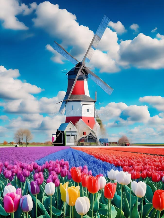 Image of Tulip Fields, Fluffy Clouds and Windmill in the Beautiful ...