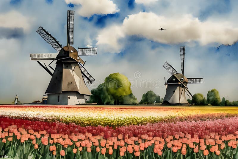 Image of Tulip Fields, Fluffy Clouds and Windmill in the Beautiful ...