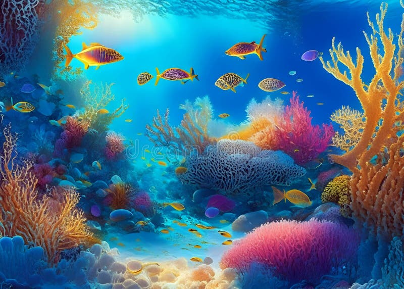 Painterly Image of an Underwater Ocean Filled with Colorful Sea Life ...