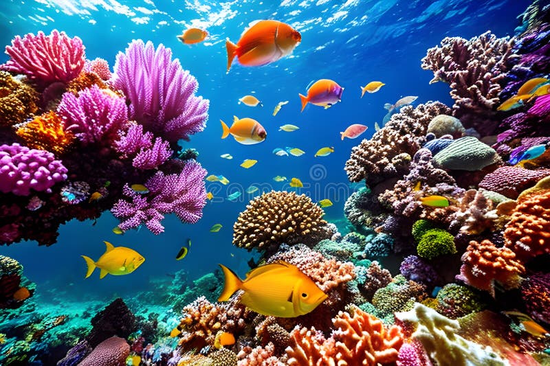 Painterly Image of an Underwater Ocean Filled with Colorful Sea Life ...
