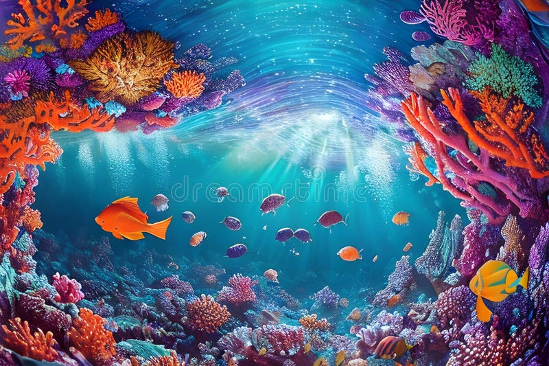 Painterly Image of an Underwater Ocean Filled with Colorful Sea Life ...