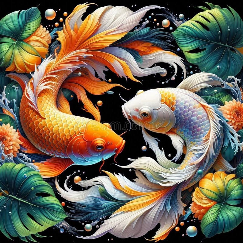 Painterly Wallpaper of Orange and Pearl White Colors of Two Koi Fish ...