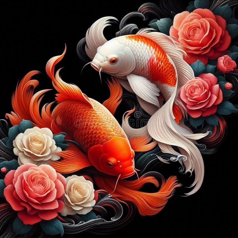 Painterly Wallpaper of Orange and Pearl White Colors of Two Koi Fish ...