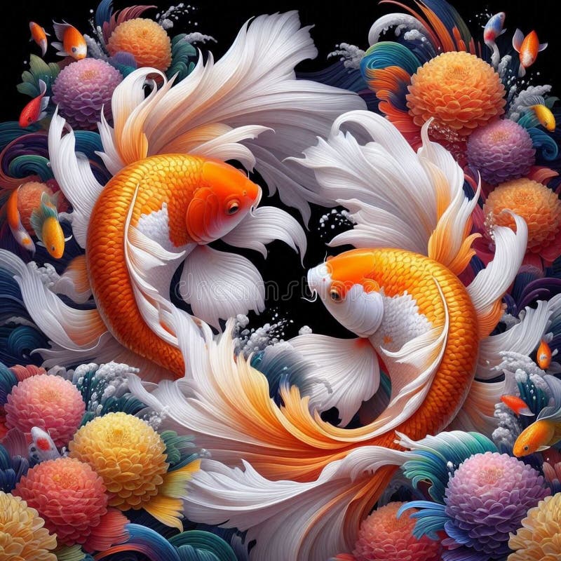 Painterly Wallpaper of Orange and Pearl White Colors of Two Koi Fish ...