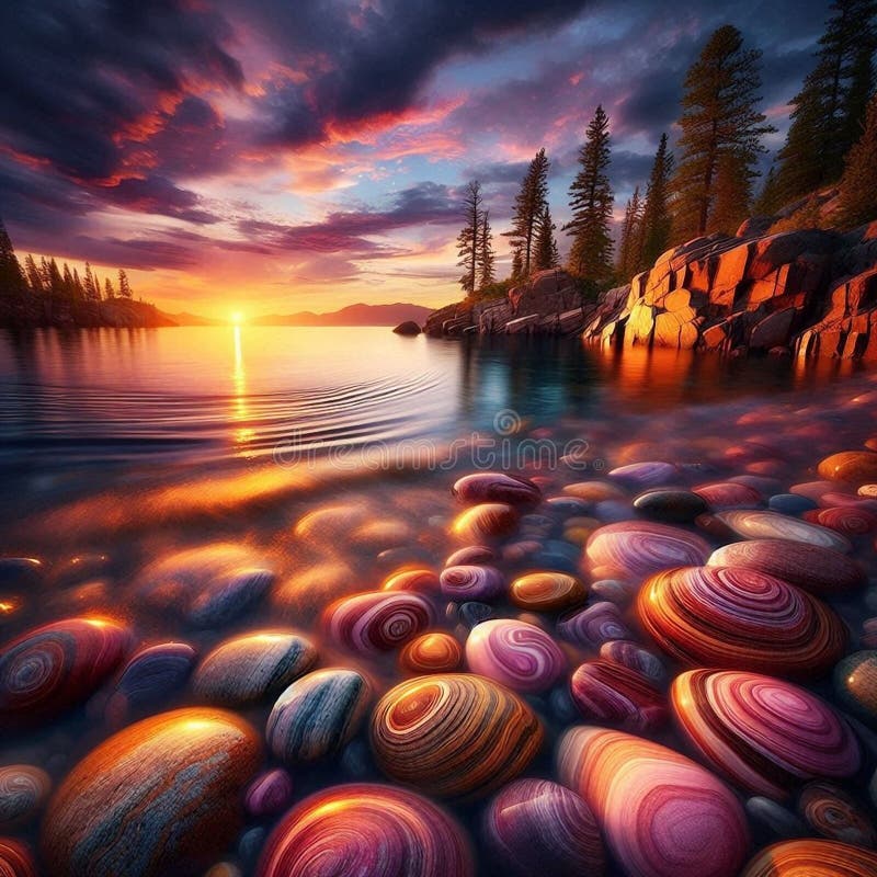 The Colored Rocks,rippling Lake,trees,sunset,gentle Wind Blown Ripples ...