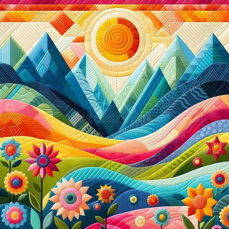 A Colorful Landscape with Layers Bold Gradient Colors Sky and Flowery ...