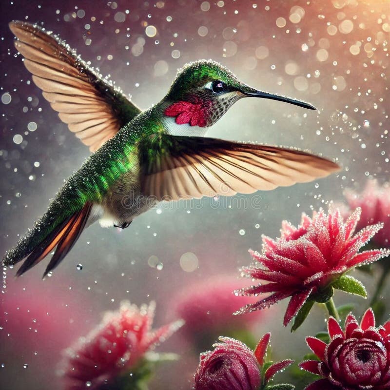 A Beautiful Colorful Ruby Throated Hummingbird Flying into a Flower ...