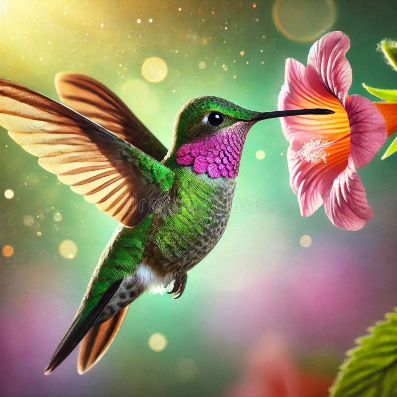 A Beautiful Colorful Ruby Throated Hummingbird Flying into a Flower ...