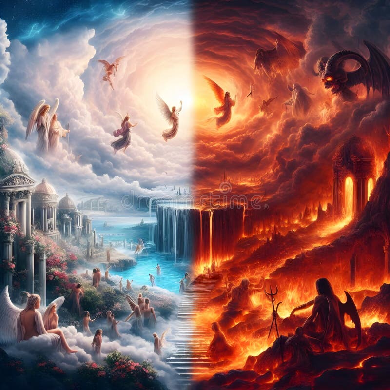 Split Image of the Heaven Verses Hell Where Heaven is Serene Landscape ...