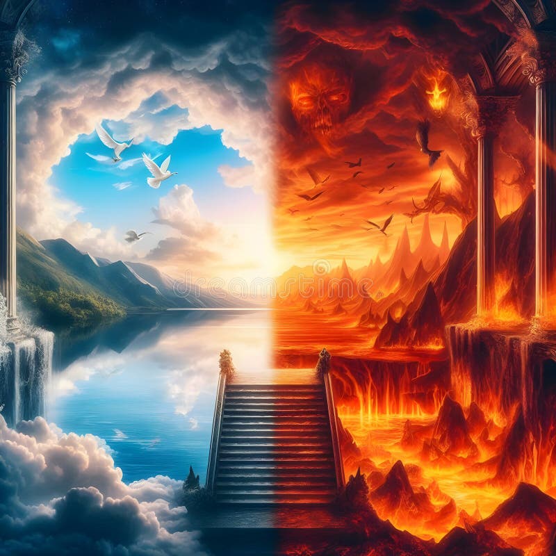 Split Image of the Heaven Verses Hell Where Heaven is Serene Landscape ...