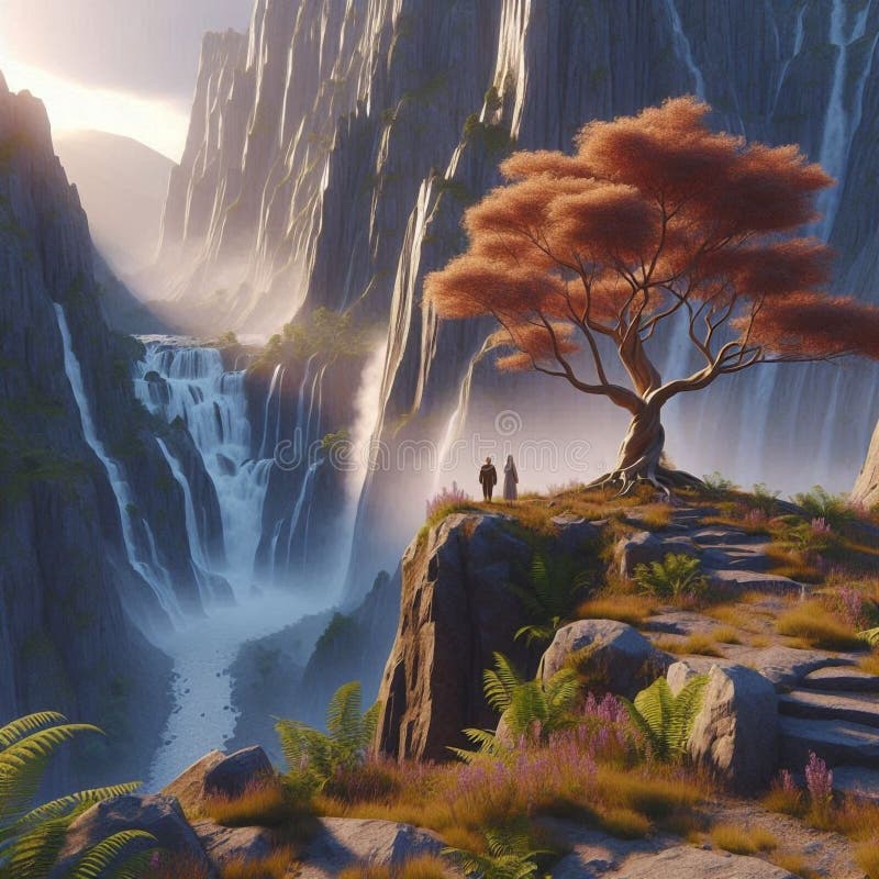 A Lone Tree that Sits on the Edge of a Rocky Cliff with Waterfall ...