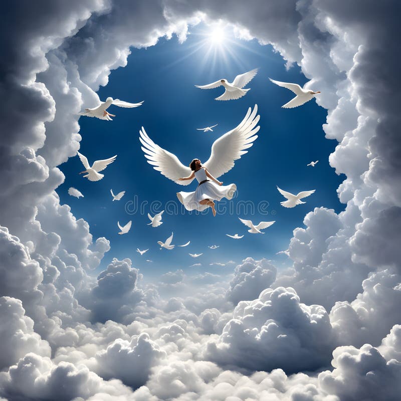 Surreal Image of Diorama of Heaven Where Angels Flying Around the Clouds. Stock Illustration ...