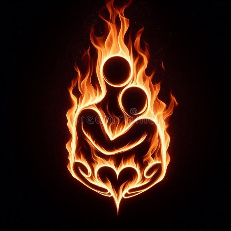 Surreal Image of Fiery Flames Outline Human Shape Embracing Each Others ...
