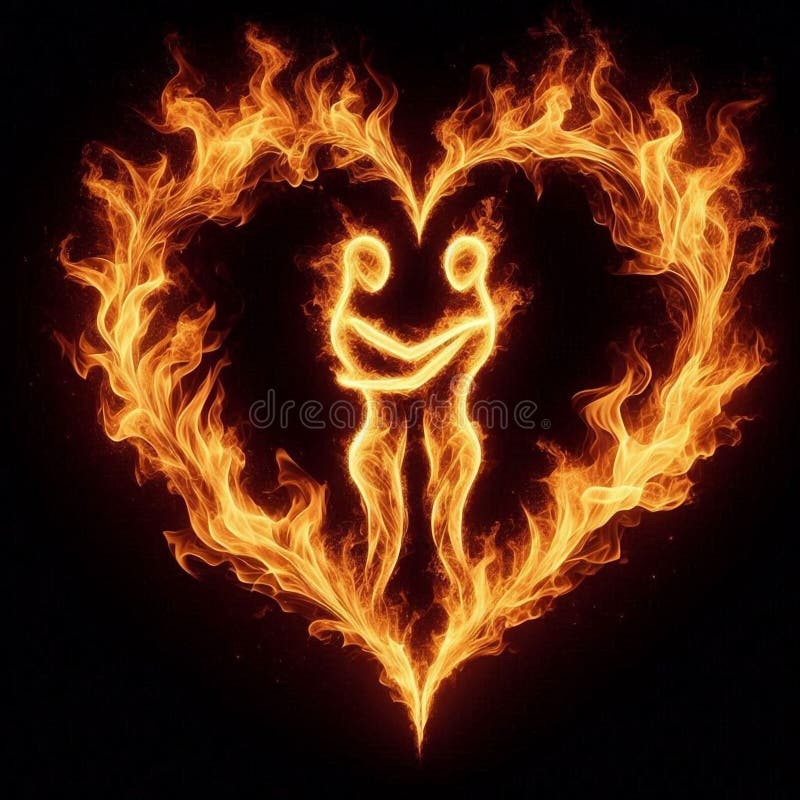 Surreal Image of Fiery Flames Outline Human Shape Embracing Each Others ...