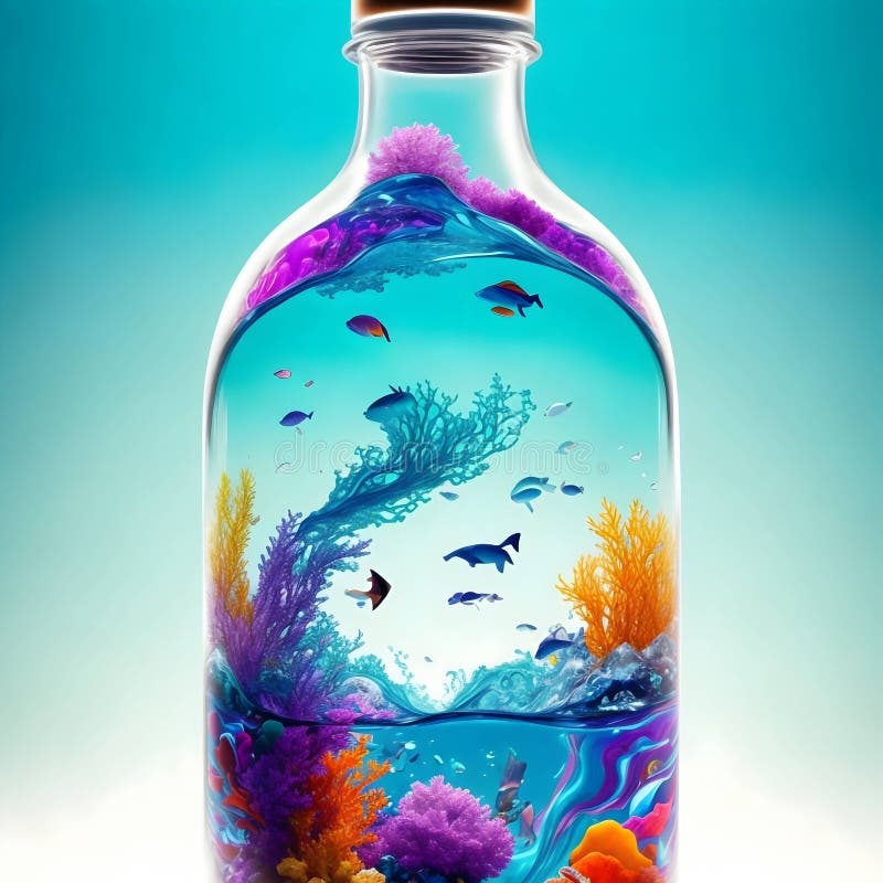 Surreal Image of the Psychedelic Ocean Inside a Glass Bottle. Stock ...