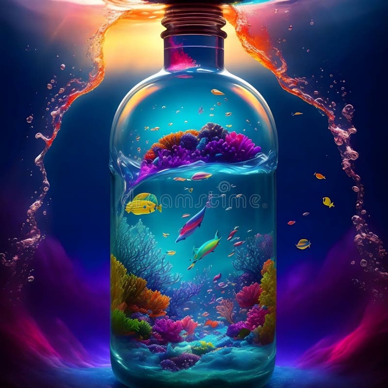 Surreal Image of the Psychedelic Ocean Inside a Glass Bottle. Stock ...