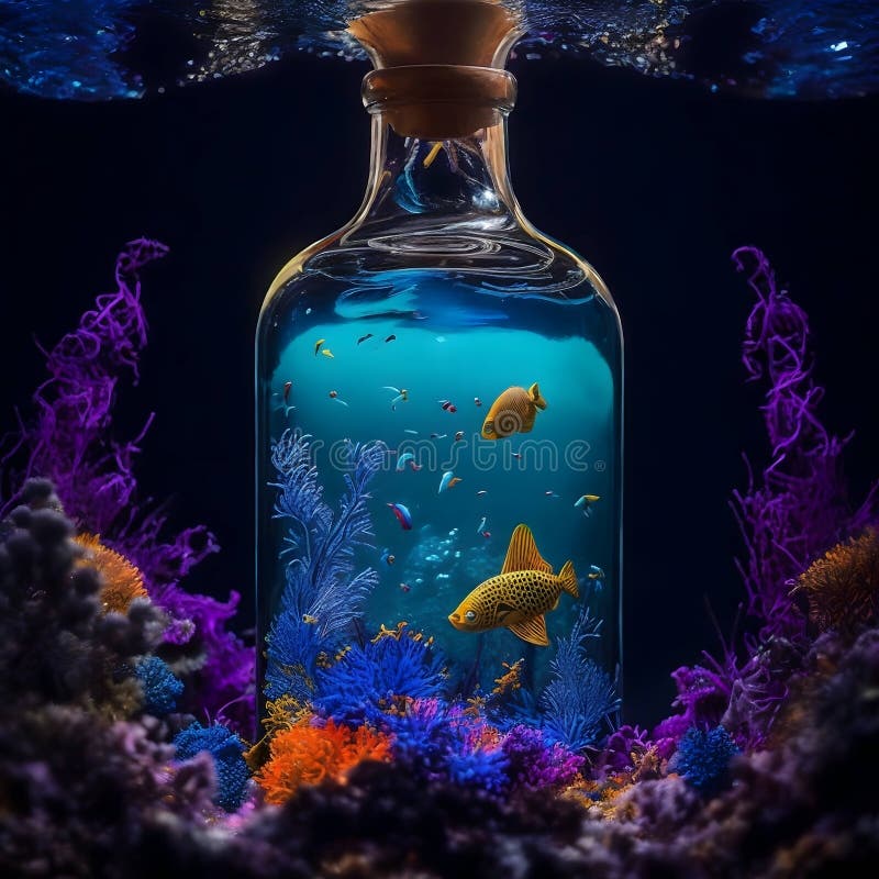 Surreal Image of the Psychedelic Ocean Inside a Glass Bottle. Stock ...