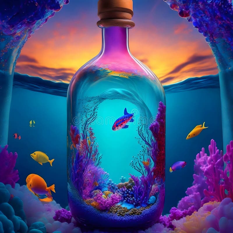 Surreal Image of the Psychedelic Ocean Inside a Glass Bottle. Stock ...