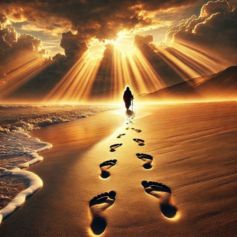 Image of Footprints of the Lord Walking Towards the Light. Stock ...