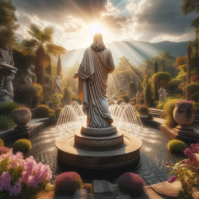 An Ancient Statue View from Back of Jesus Standing in a Beautiful ...