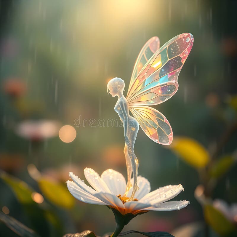 A Transparent Crystalline Fairy Standing on White Flower with Visible ...
