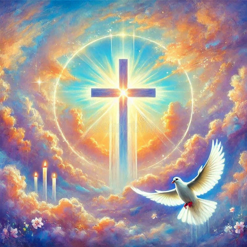 Watercolor Image of a Cross Surrounded by Light and Clouds Pastel ...
