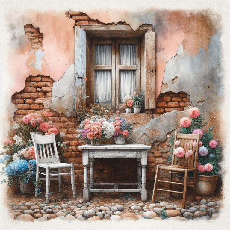 Old White Table and Chairs in Front of the Wall with Crumbling Wall ...