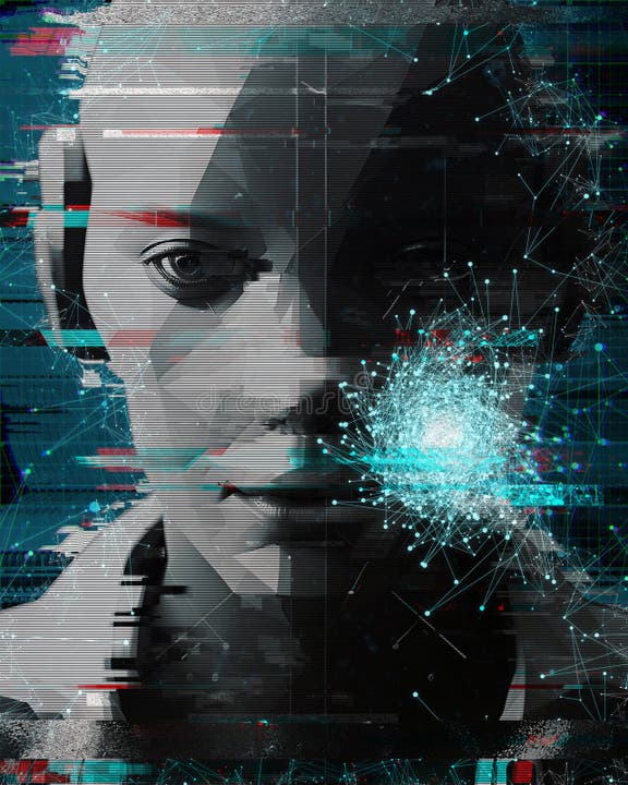 Artificial Intelligence Glitch Concept, Android Robot Face with Glitchy ...
