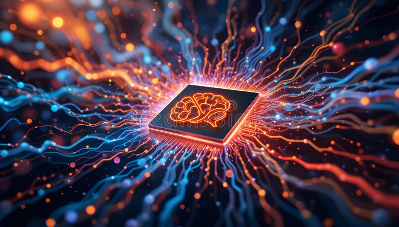 Artificial Intelligence through a Glowing AI Chip Surrounded by Flowing ...