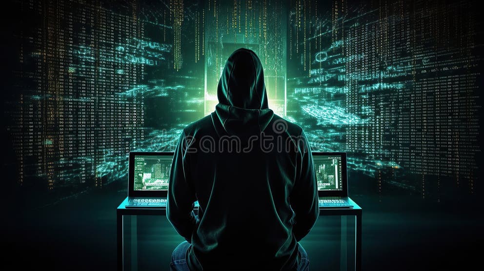 Artificial Intelligence, a Hacker Using Laptop, Sitting on Chair, Big ...